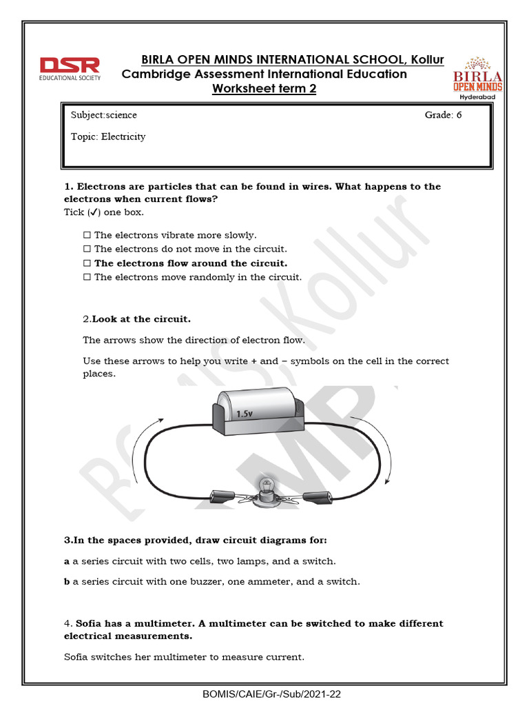 Grade 6 Electricity Worksheet | PDF