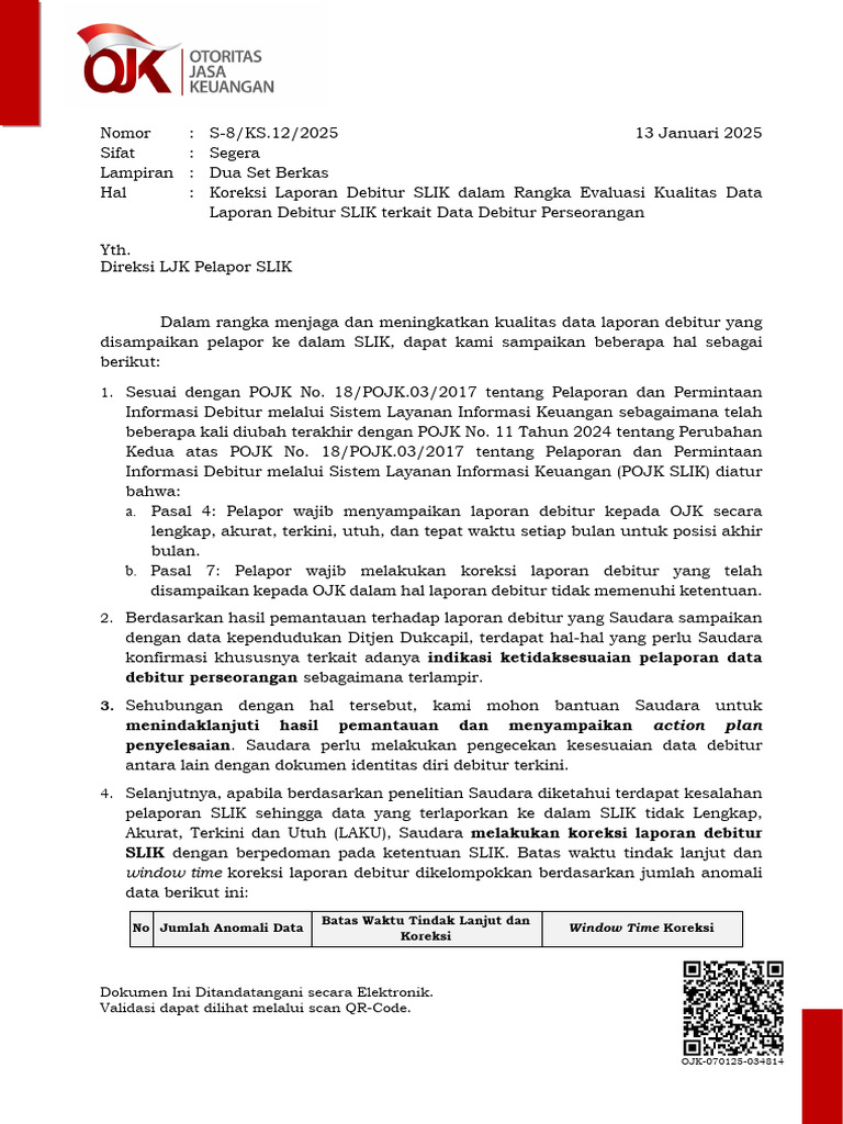 00 LJK - S-8.KS.12.2025 - 130125 - Surat Koreksi Laporan Debitur SLIK | PDF