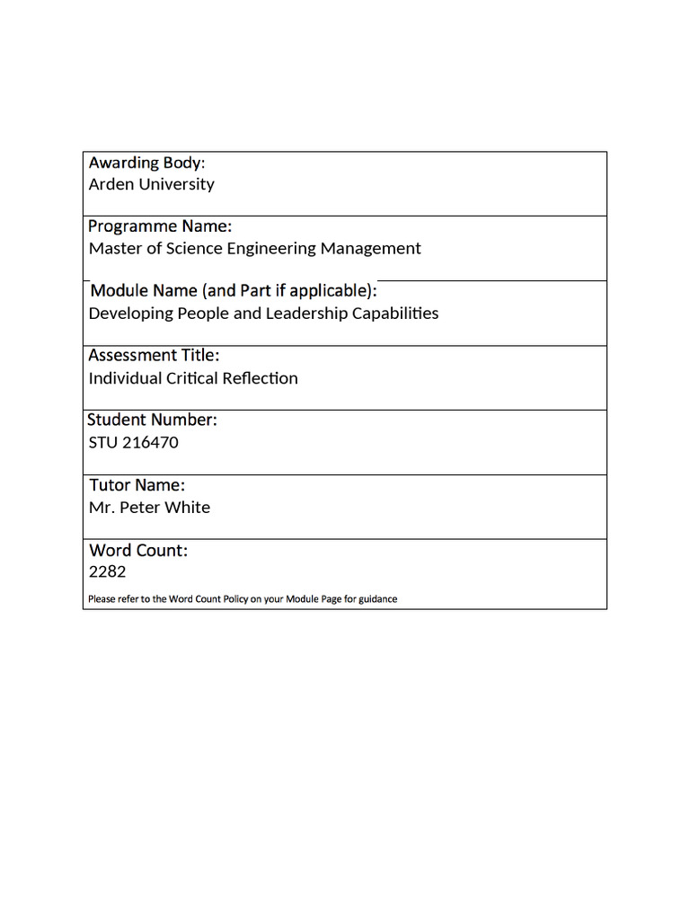 Individual Critical Reflection Devveloping People, Leaderships and ...
