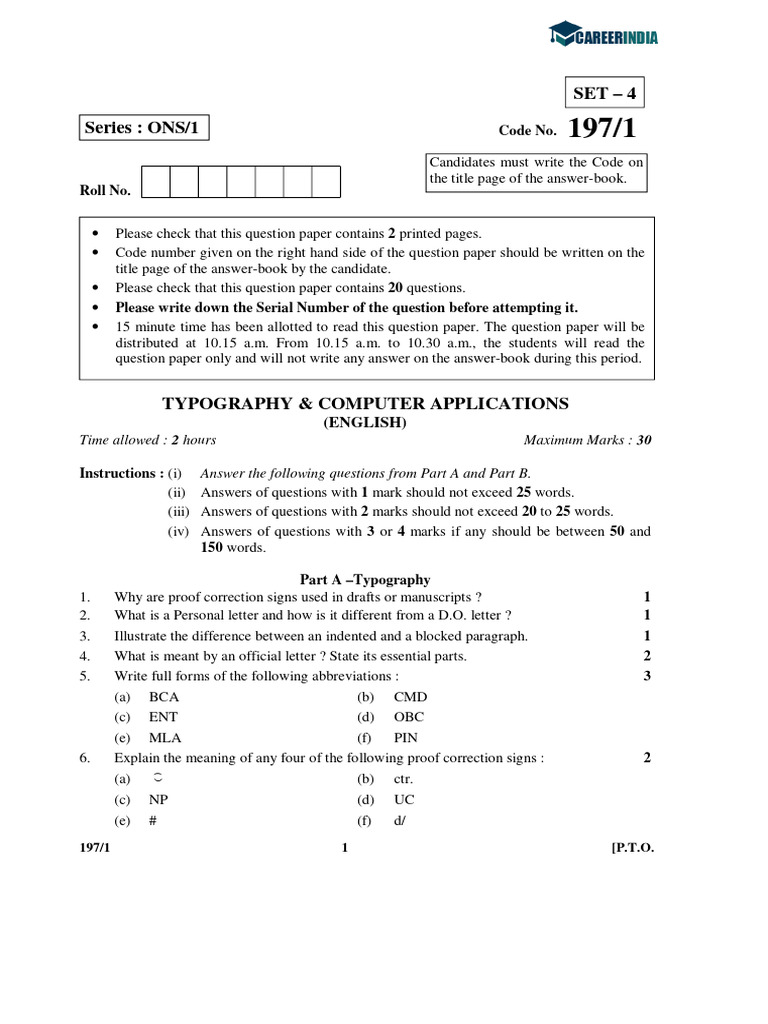CBSE Class 12 Typography & Computer Applications 2015-16 Board Question ...