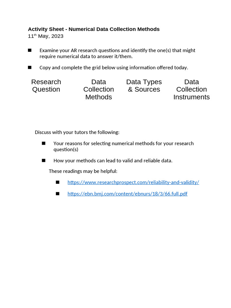 Activity Sheet - Numerical Data Collection Methods | PDF