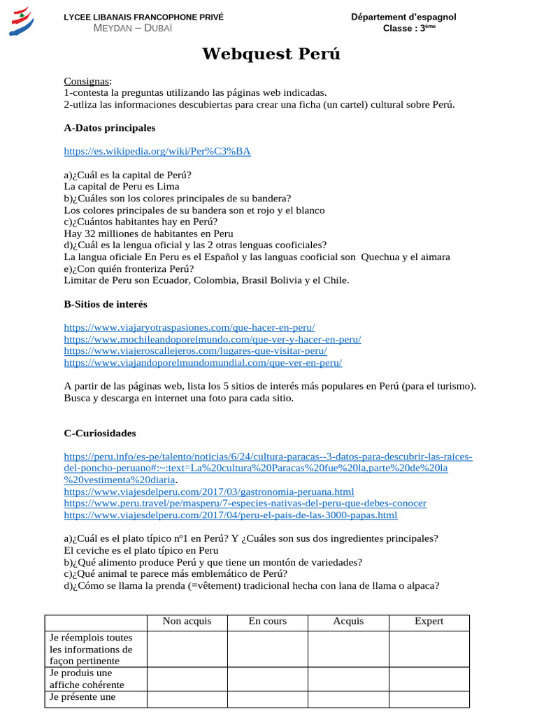 Webquest sobre Perú para estudiantes | PDF | Perú