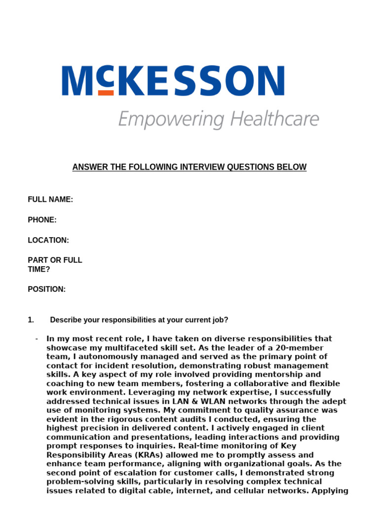 McKesson Corporation Interview Questionnaire | PDF | Communication
