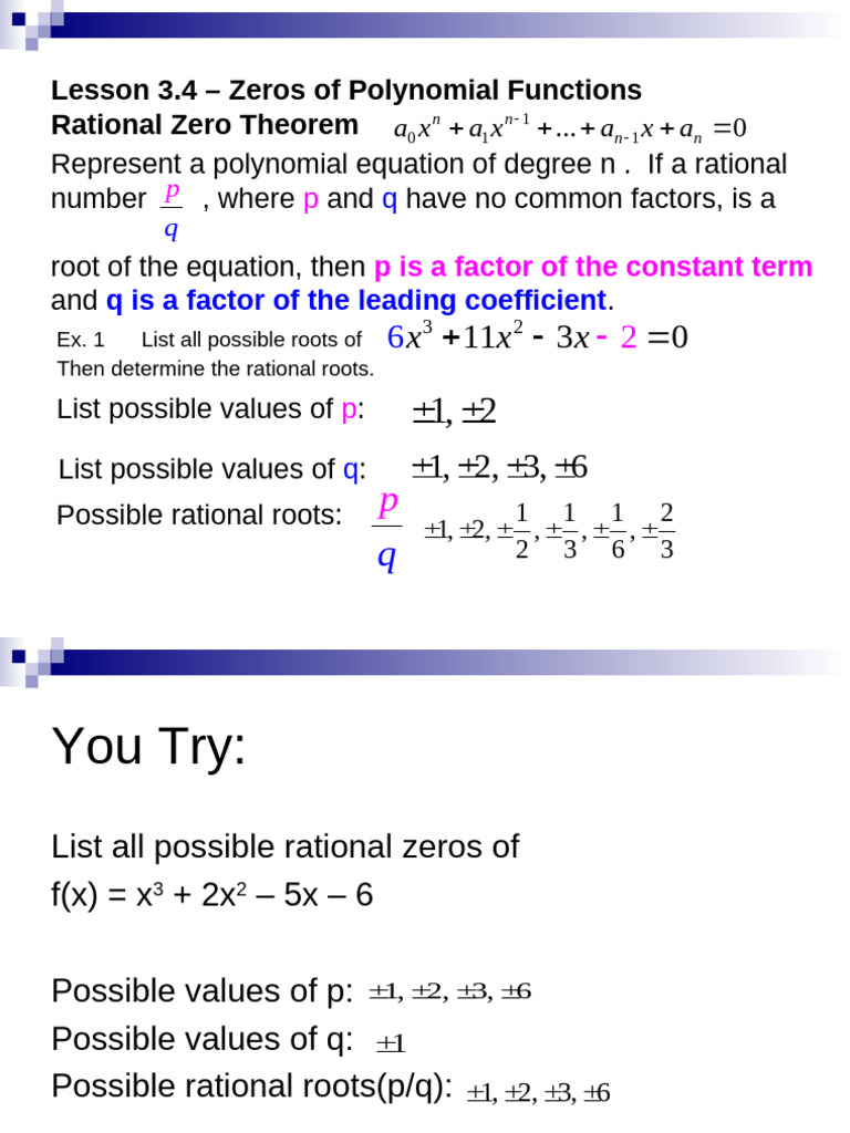 Lesson 3.4 - Zeros of Polynomial Functionspat | PDF | Factorization ...