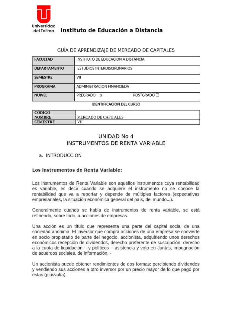Guía de Aprendizaje: Renta Variable | PDF | Compartir (Finanzas ...
