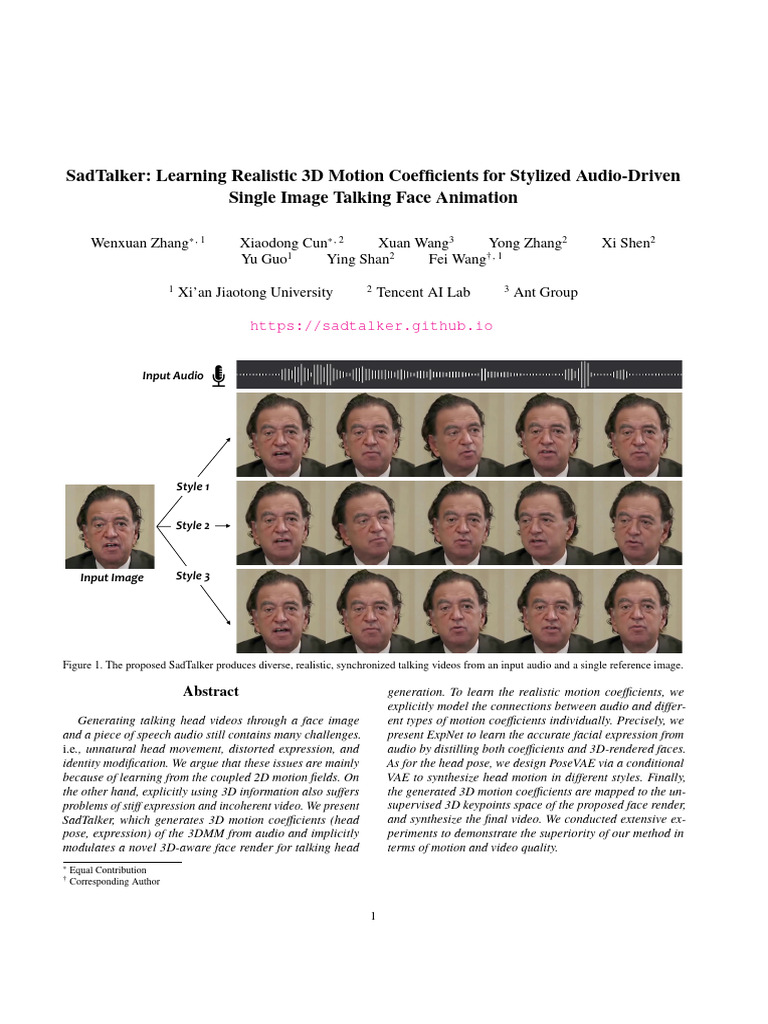SadTalker Learning Realistic 3D Motion Coefficients For Stylized Audio ...