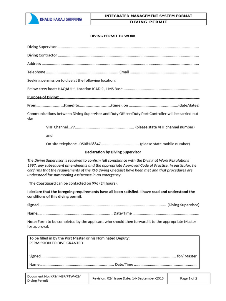 Diving Permit and Checklist Template | PDF | Underwater Diving ...