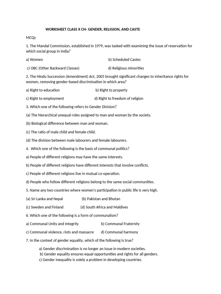 Gender, Religion, and Caste MCQs Worksheet | PDF | Discrimination ...