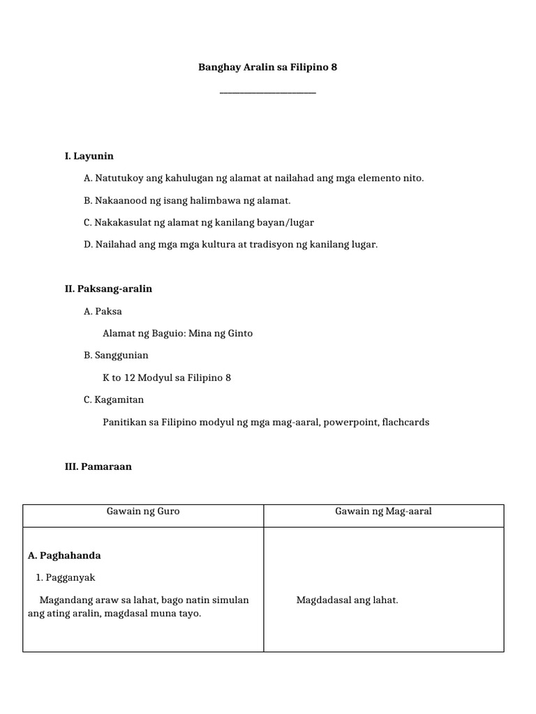 Banghay Aralin Sa Filipino 8 Sample | PDF