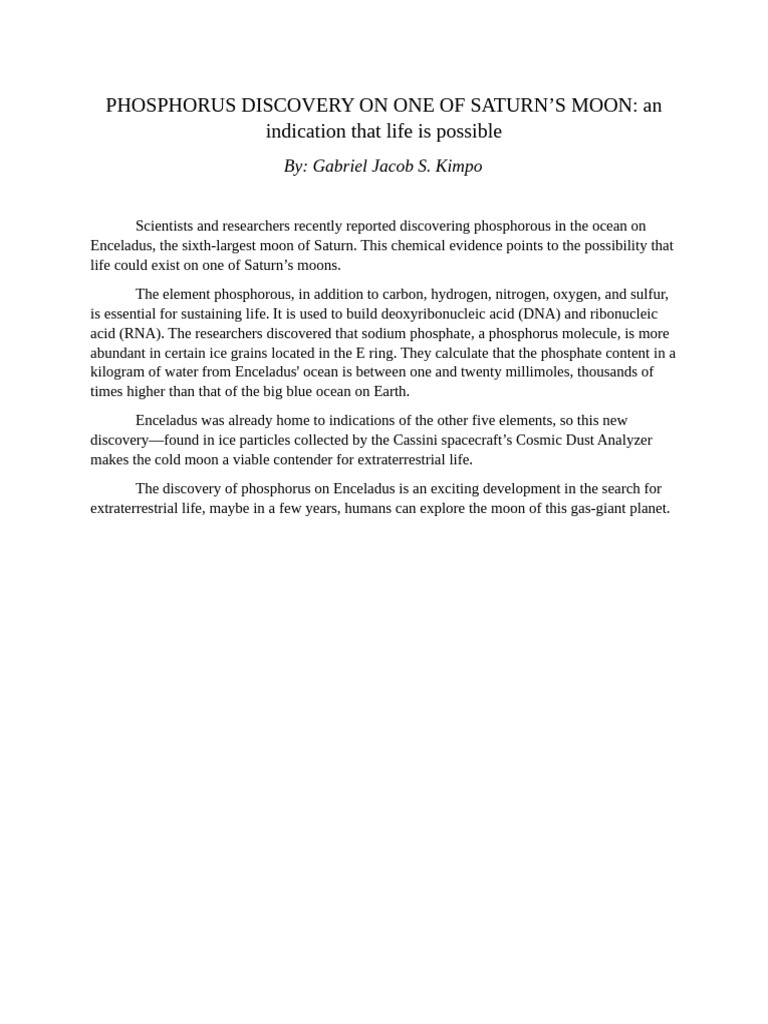 Phosphorus Discovery On One of Saturn | PDF