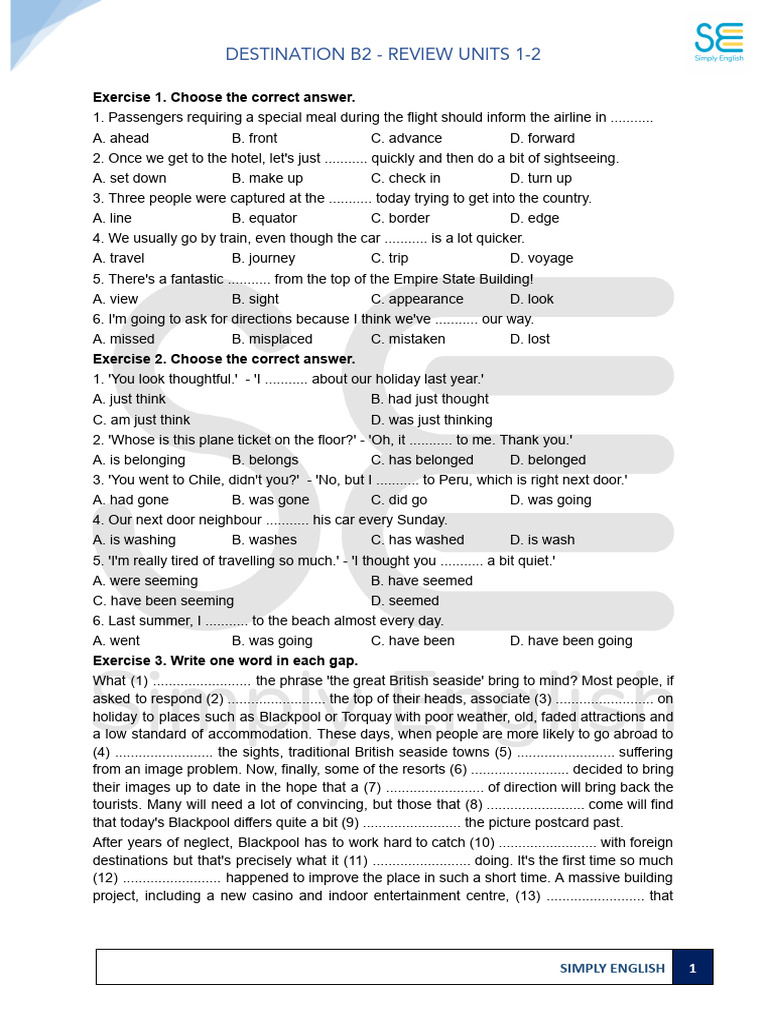 Destination B2 - Review Units 1-2 | PDF