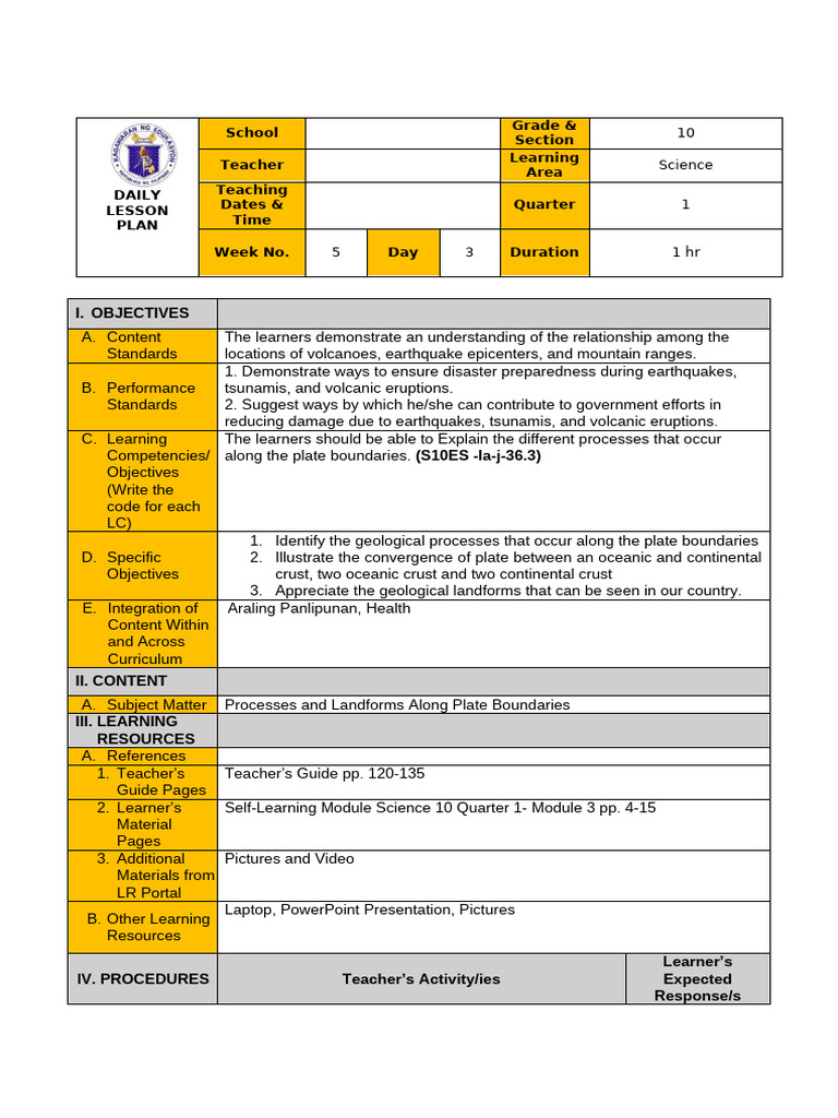 Lesson Plan in Science COT 1 Quarter 1 | PDF | Plate Tectonics | Geology