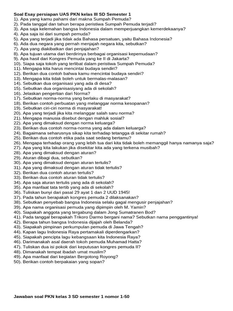 Soal Esay Persiapan UAS PKN Kelas III SD Semester 1 | PDF