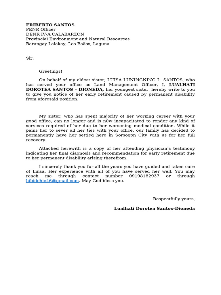 Letter of Intent Early Retirement Due to Permanent Incapacity | PDF