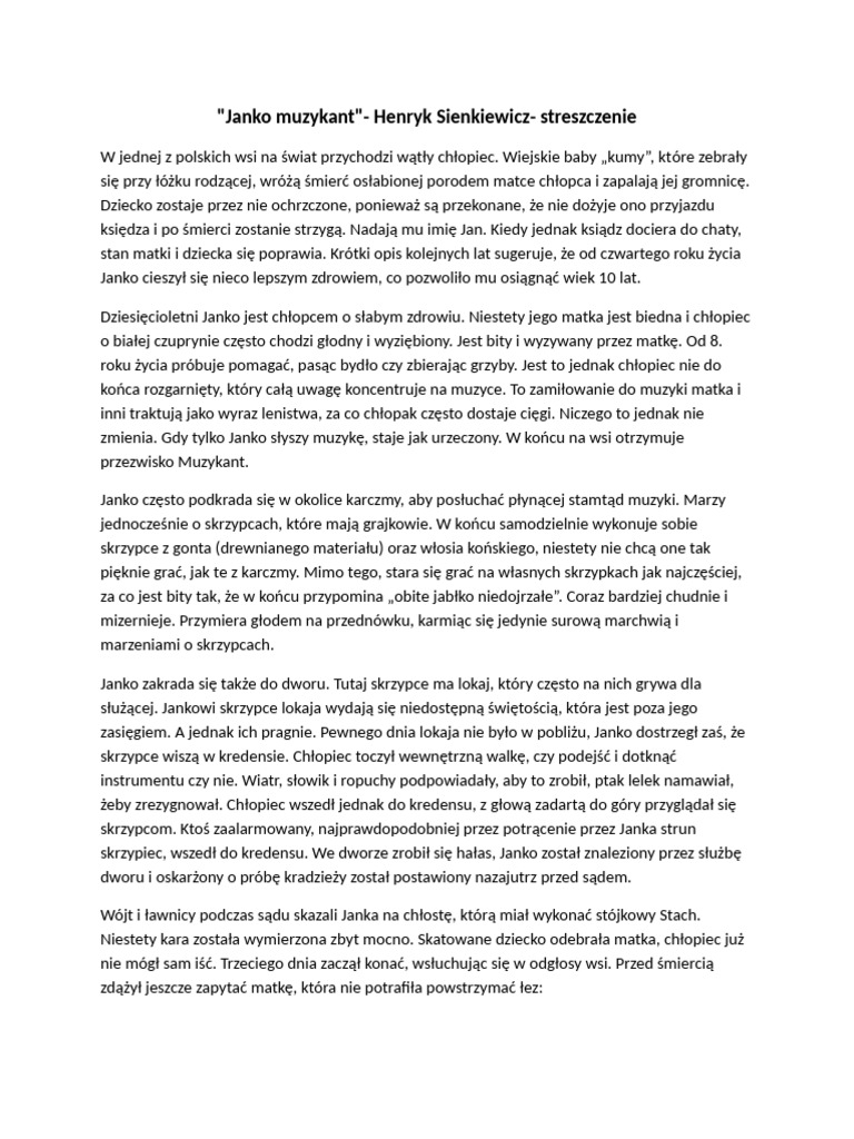 Janko Muzykant - Streszczenie | PDF
