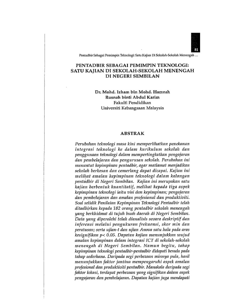 Pentadbir Sebagai Pemimpin Teknologi Satu Kajian Di Sekolah-Sekolah ...