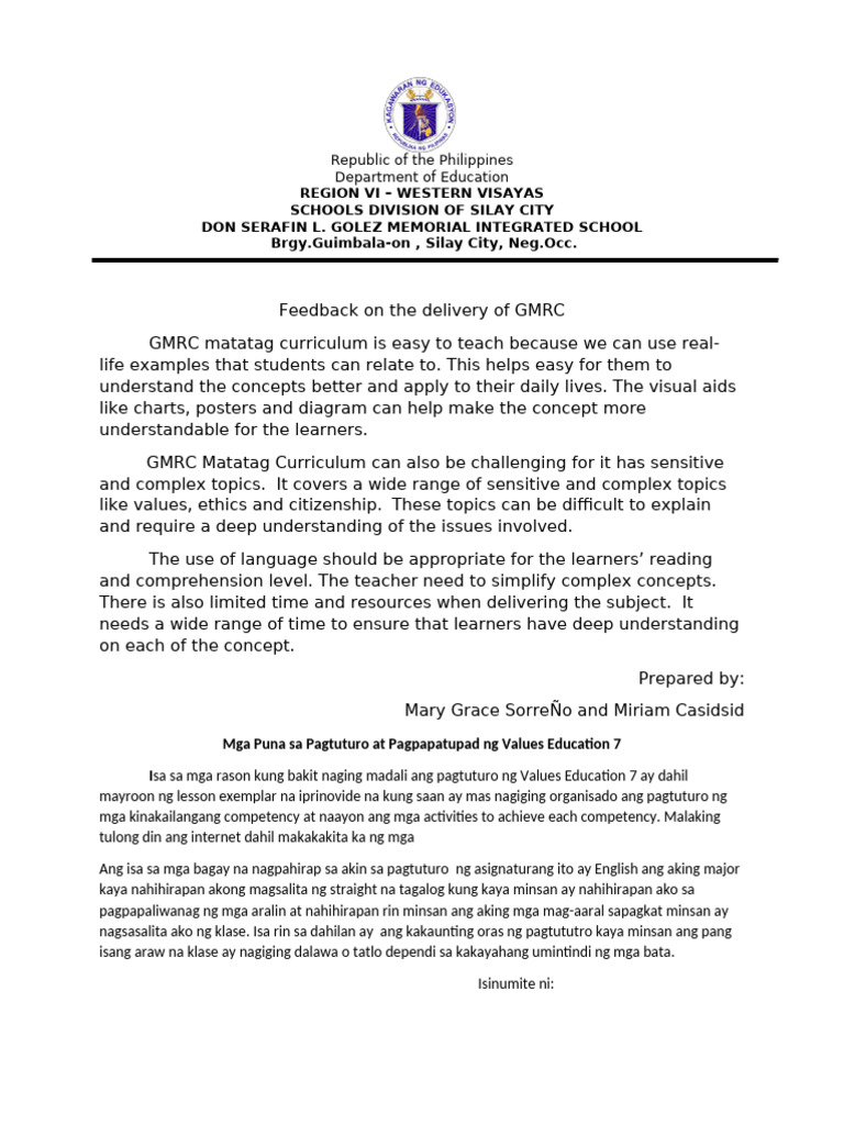 Dslgmis GMRC and Values Ed Feedback | PDF