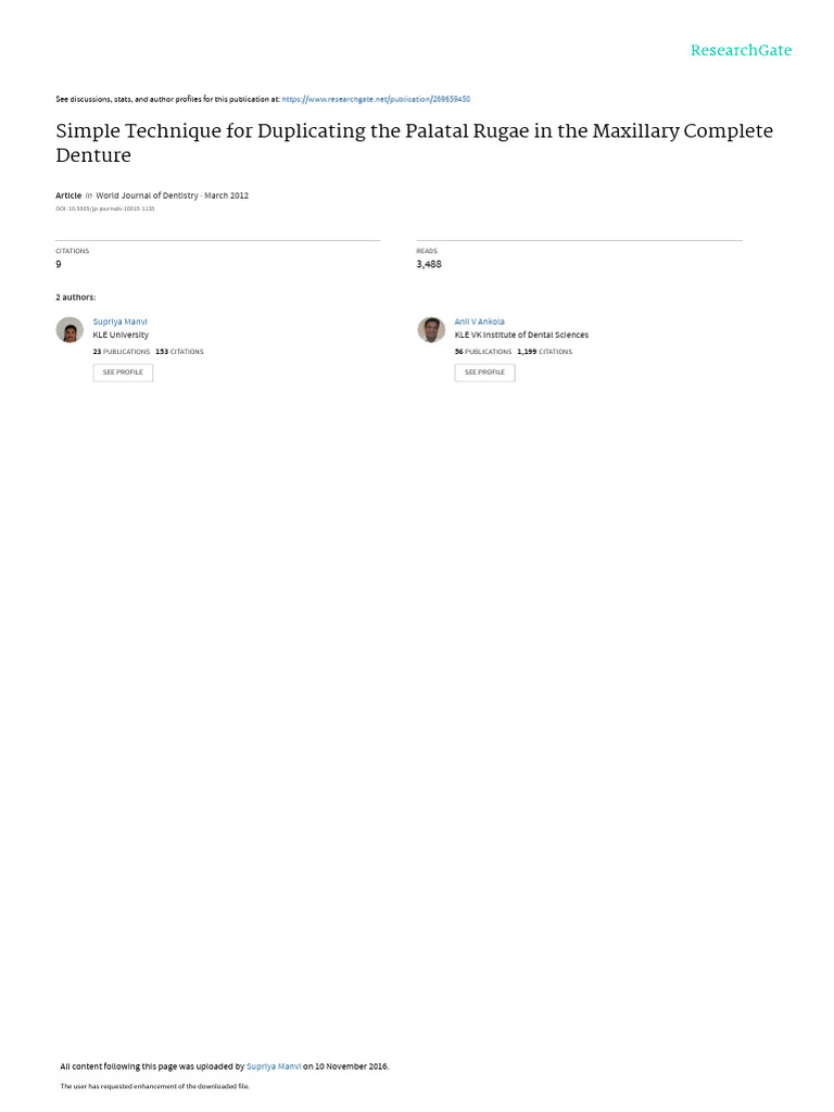 Simple Technique for Duplicating the Palatal Rugae | PDF | Dentures ...