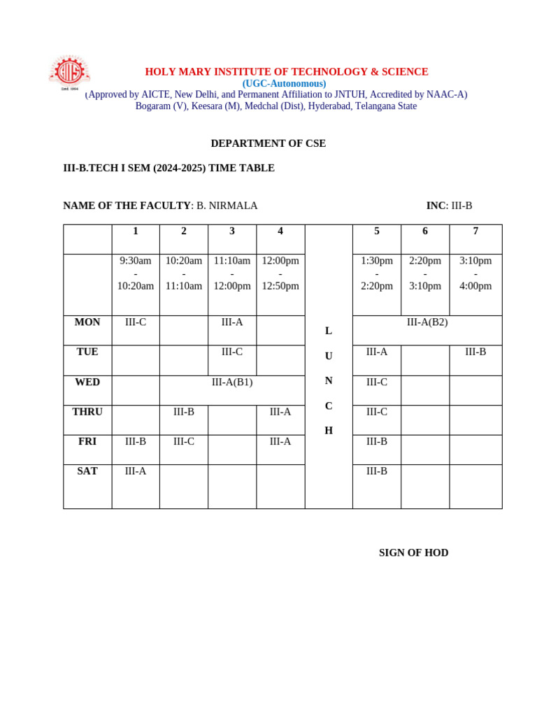 CSE III B.Tech I Sem Timetable 2024-25 | PDF