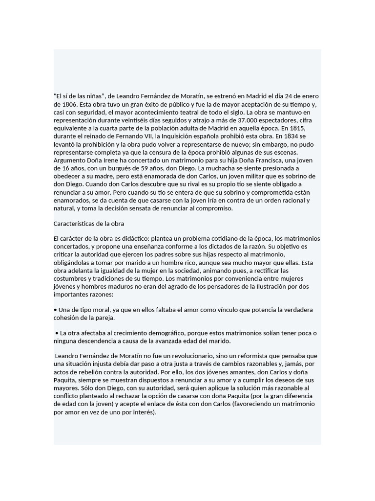 Análisis de "El sí de las niñas" | PDF