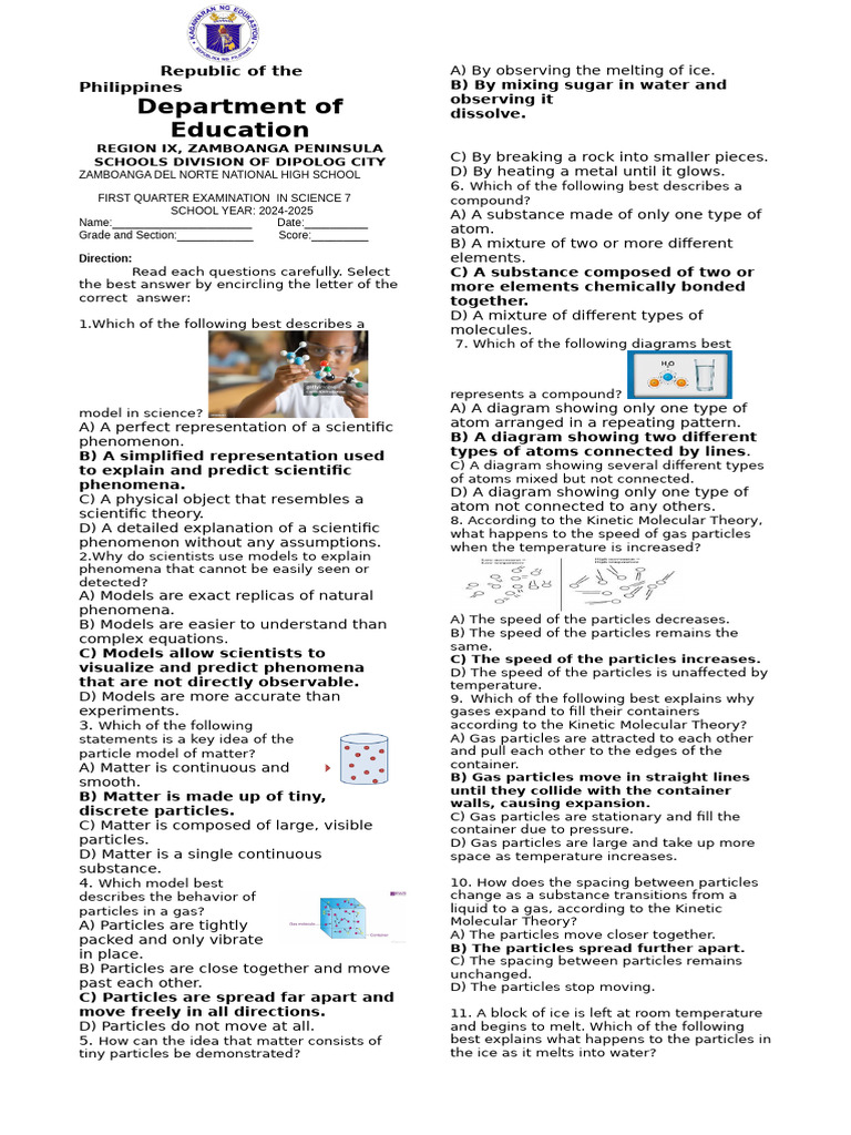 Science 7 First Quarter Exam Answer Key | PDF | Gases | Solubility