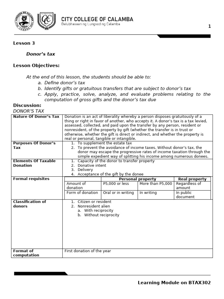 2.-Module-1.-Lesson-3.-Donors-tax | PDF | Taxes | Income Tax