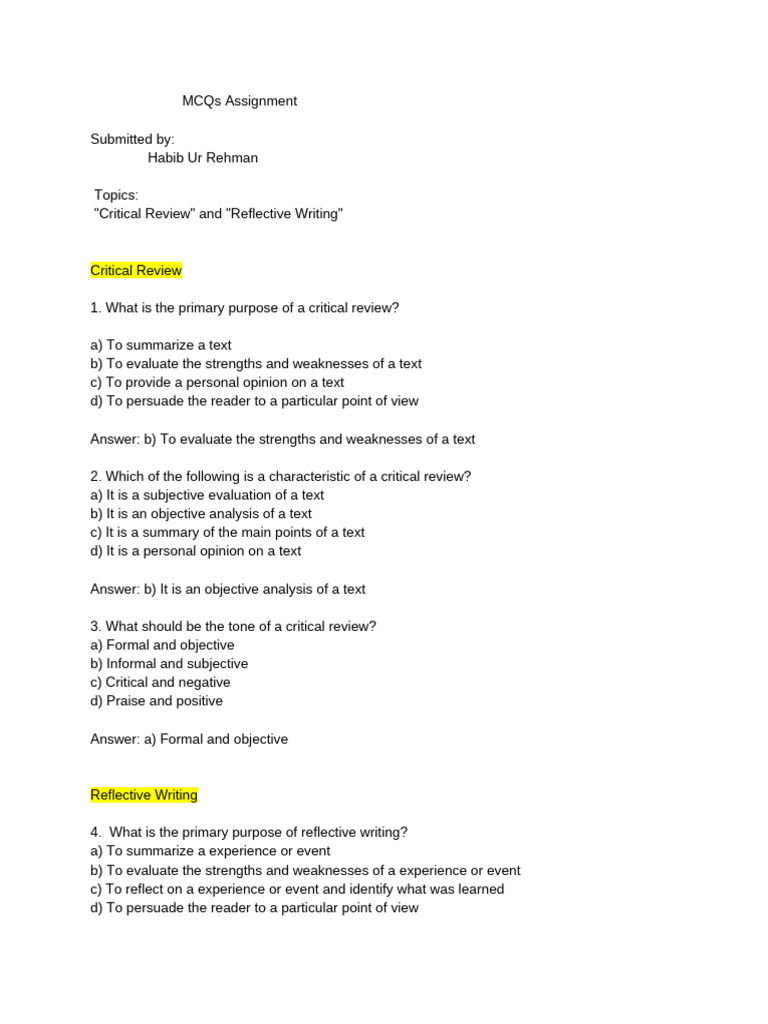 Critical Review & Reflective Writing MCQs | PDF