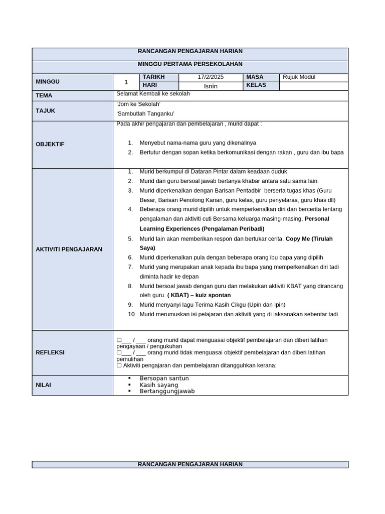 RPH Ringkas Minggu 1 (A-Isnin) 2025 | PDF