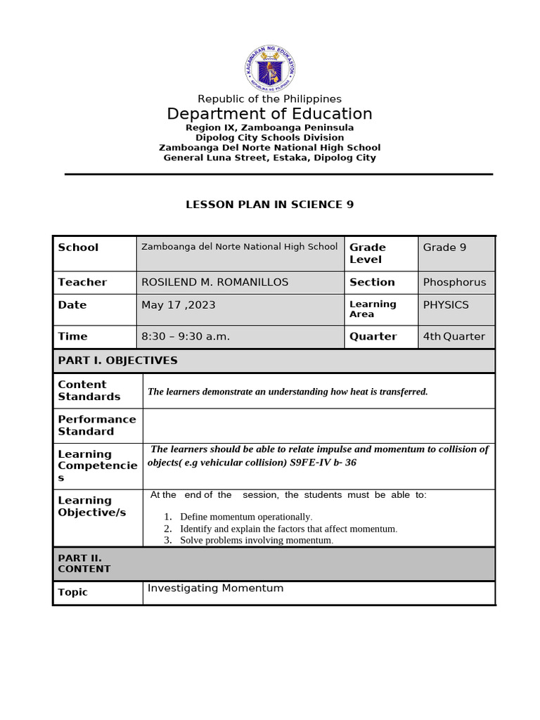 LESSON PLAN Investigating Momentum | PDF | Momentum | Velocity