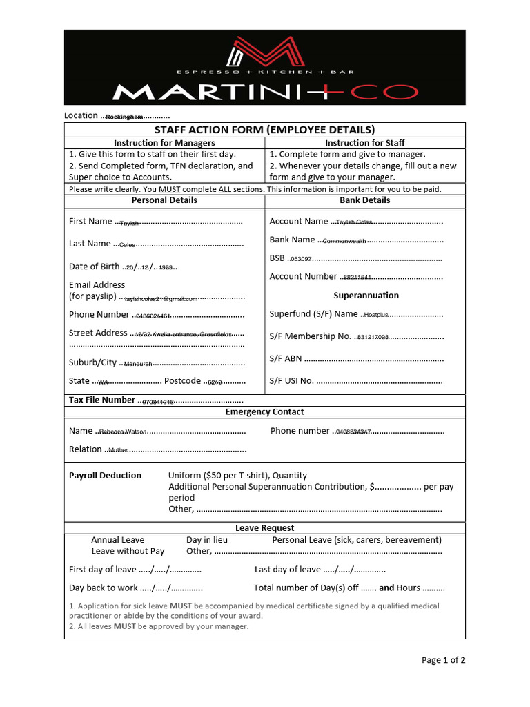 Employee Action Form - Martini & Co | PDF | Employee Relations | Labor