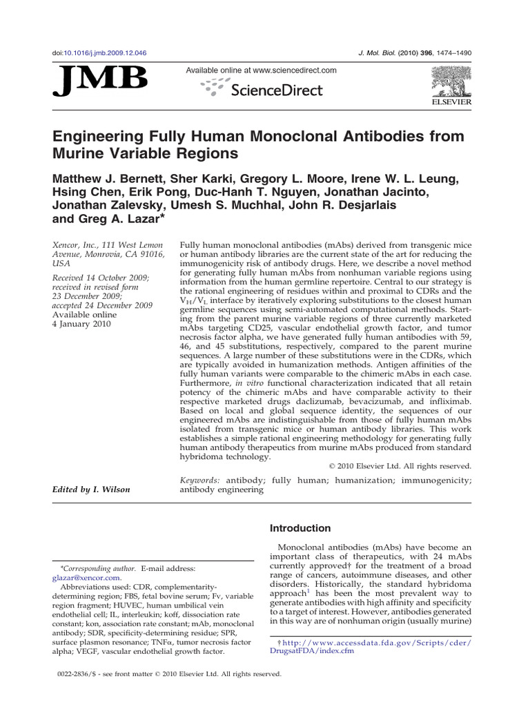 Engineering Fully Human Monoclonal Antibodies From Murine Variable Regions. | PDF | Monoclonal ...