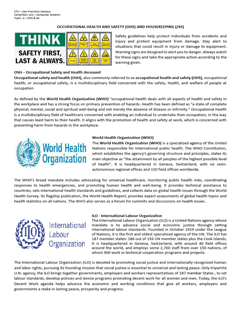CompTech 122 Topic 2. OHS 6S | PDF | Occupational Safety And Health ...
