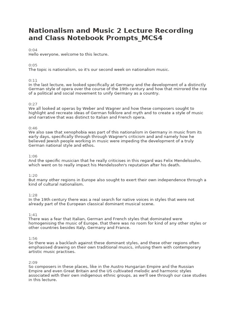 Nationalism and Music 2 Lecture Recording and Class Notebook Prompts ...