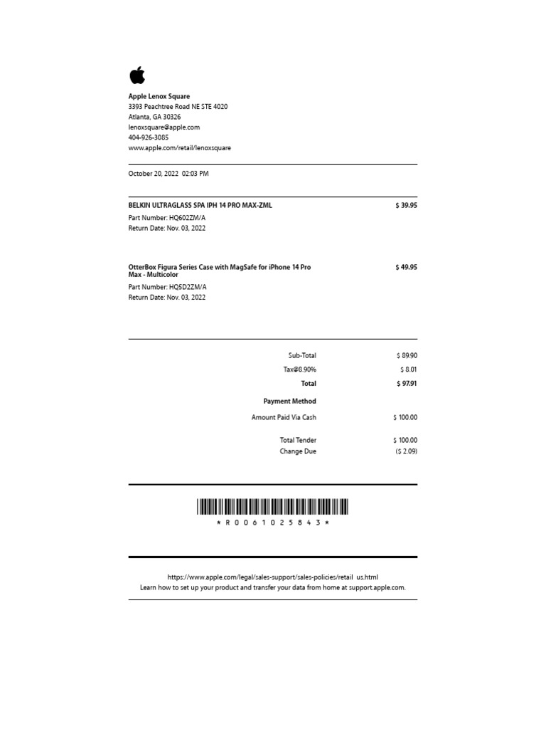 Apple Lenox Square Purchase Receipt | PDF