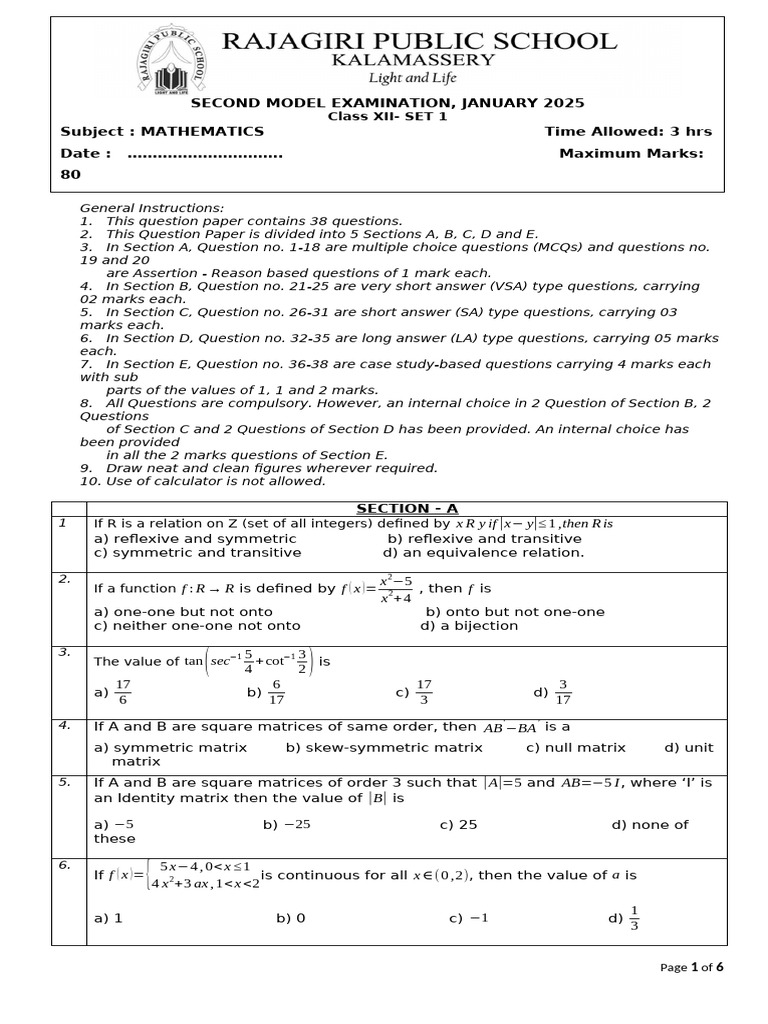 Class XII Math Exam Paper | PDF | Matrix (Mathematics) | Mathematical Physics