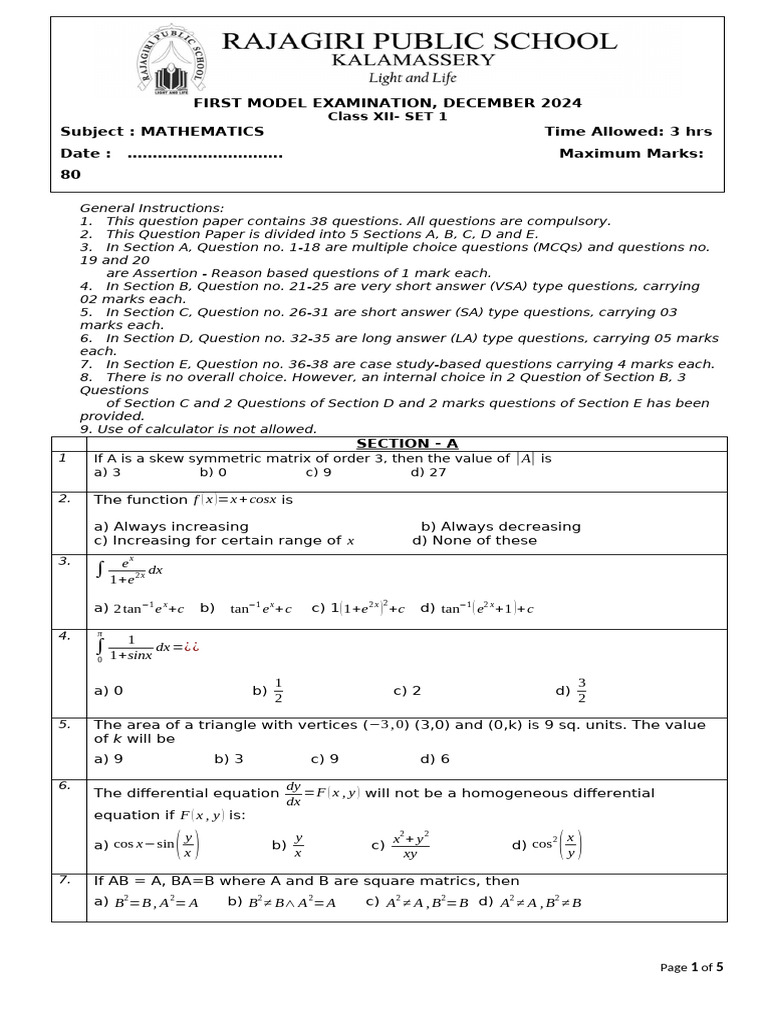 Mathematics Set 1 Model 1 2024 | PDF | Geometry | Algebra
