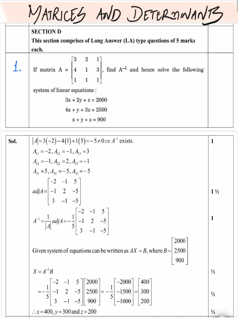 MATRICES AND DETERMINANTS (5 Marks and CASE STUDY) | PDF