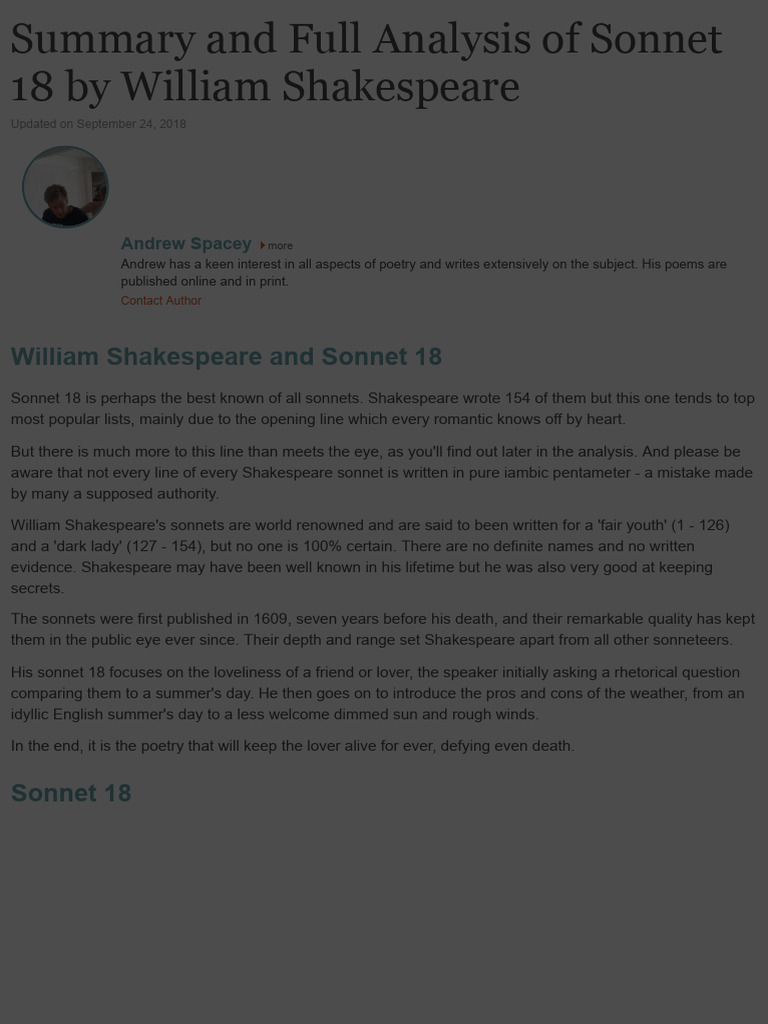 Analysis of Shakespeare's Sonnet 18 | PDF | Metre (Poetry ...