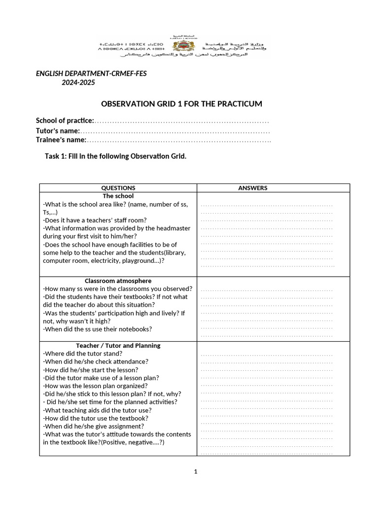 OBSERVATION GRID 1 FOR THE PRACTICUM | PDF | Cognitive Science | Human ...