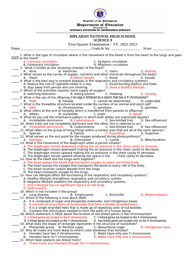 GRADE 9 - SCIENCE - 1ST QUARTER (2023-2024) | PDF | Circulatory System ...