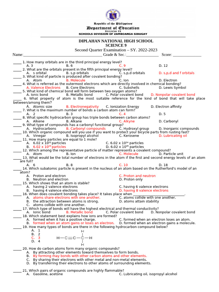 2ND Quarter - Test Questions - Science - Sy. 2022-2023 | PDF | Chemical ...