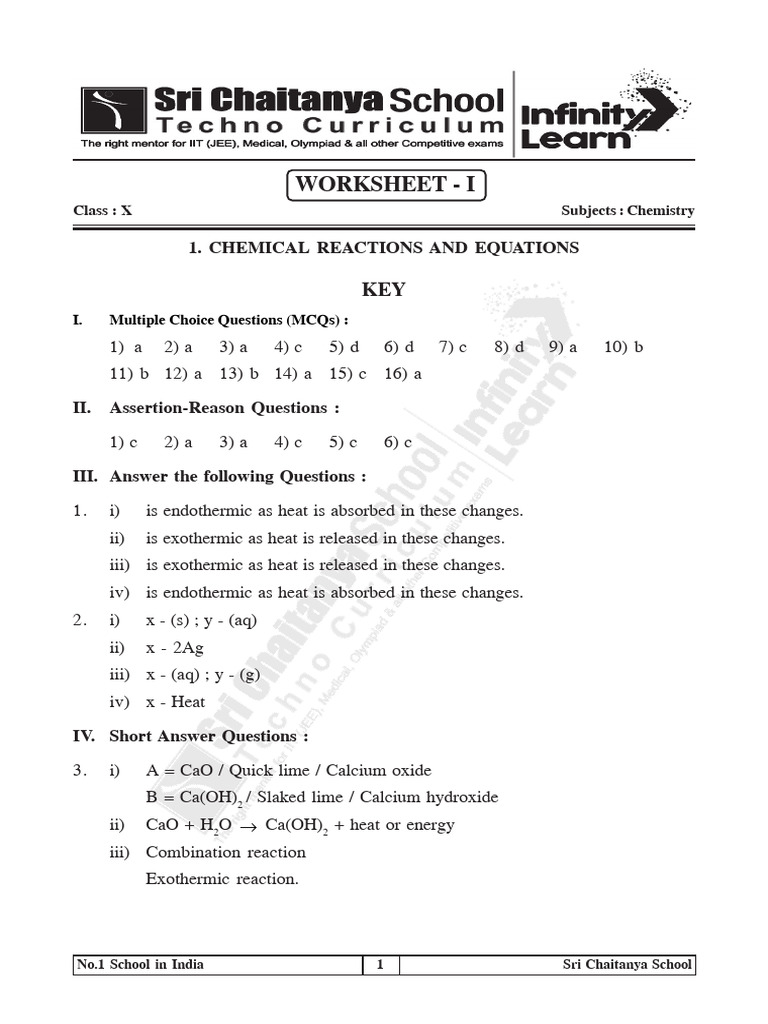 Chemical Reactions and Equations (Key) | PDF