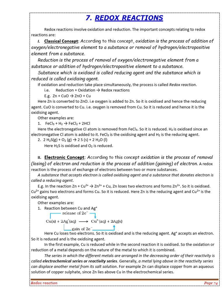 7. Redox reaction | PDF | Redox | Chemical Reactions