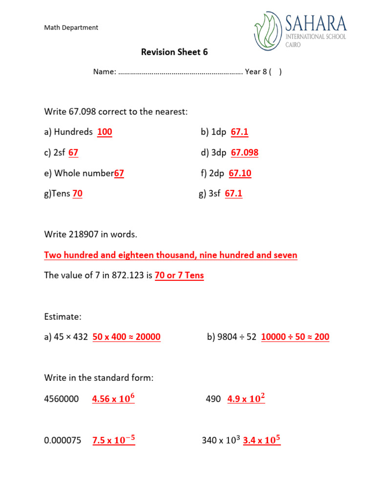8 Revision Sheet 6q39qS | PDF | Mathematics