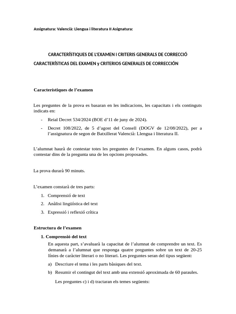 Assignatura Valencià Llengua I Literatura, Prova PAU Model | PDF