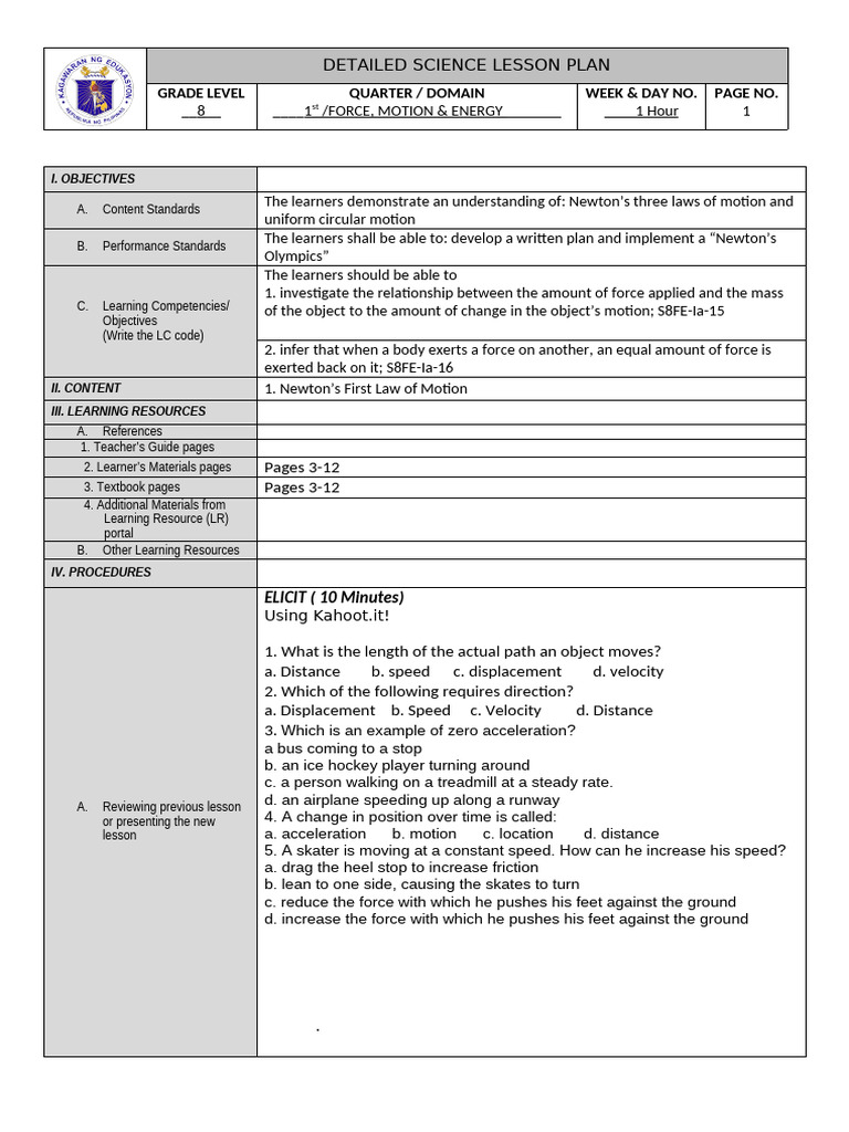 Lesson Plan Physics Netwton's Law 1 | PDF | Force | Newton's Laws Of Motion