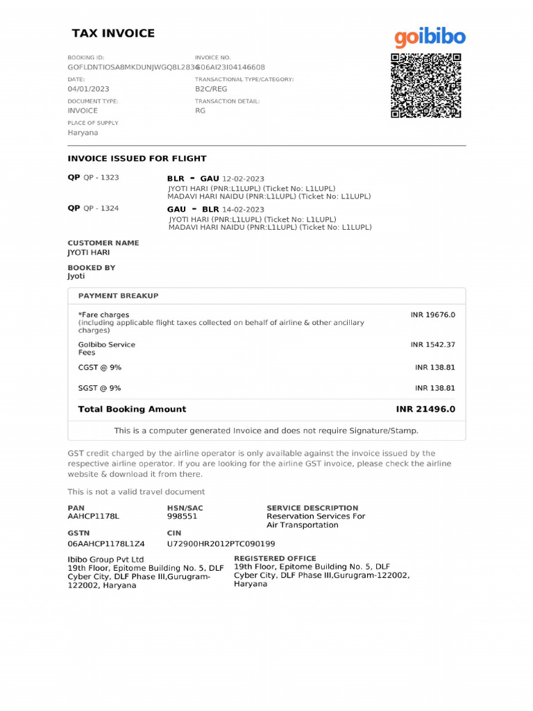 Booking Invoice G06ai23i04146608 PDF | PDF
