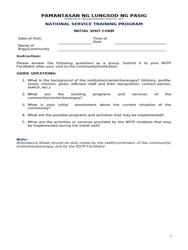 NSTP Initial Visit Form Guide | PDF