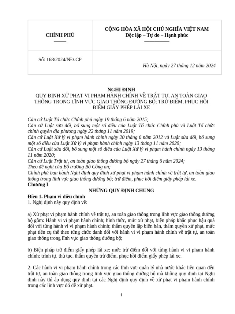 Nghi Dinh 68-2024-Xu Phat-Vi-Pham-Hanh-Chinh-Linh-Vuc-Giao-Thong-Duong-Bo | PDF