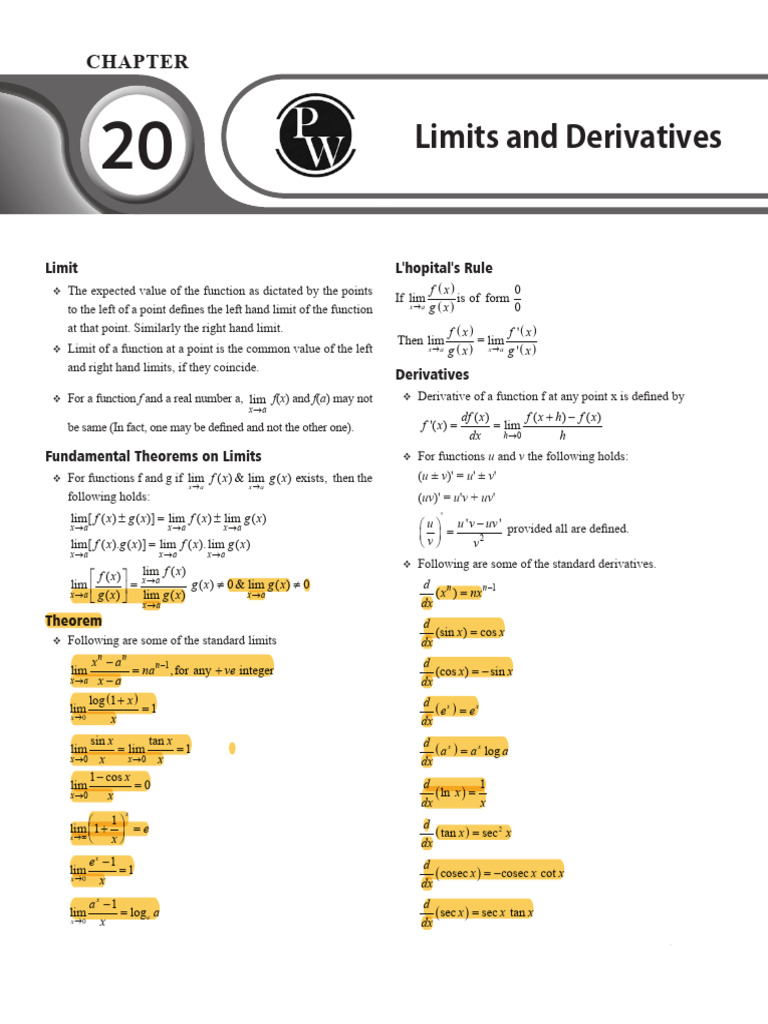 Limits & Derivatives: Short Notes (Maths) | PDF | Calculus | Analysis